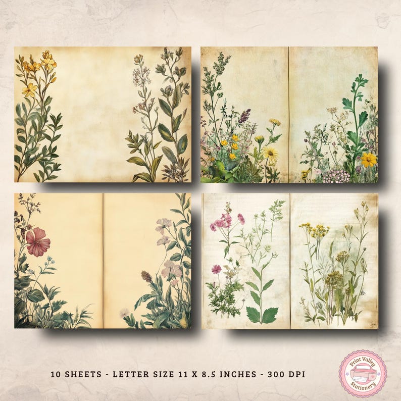 Botanical Plant Printable Paper, Herb Scrapbook Collage Sheets ...