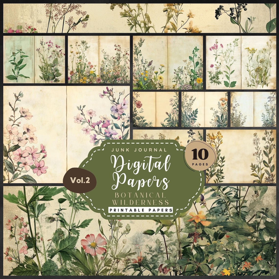 Botanical Plant Printable Paper, Herb Scrapbook Collage Sheets ...