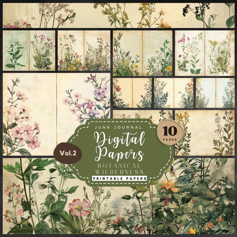 Botanical Plant Printable Paper, Herb Scrapbook Collage Sheets ...