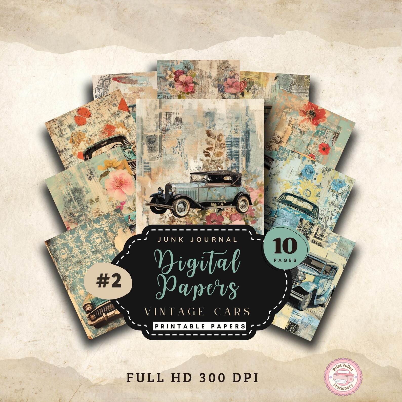 10 Retro Old Car Digital Paper Pack Bundle, Dad Gift, Men Junk Journal ...