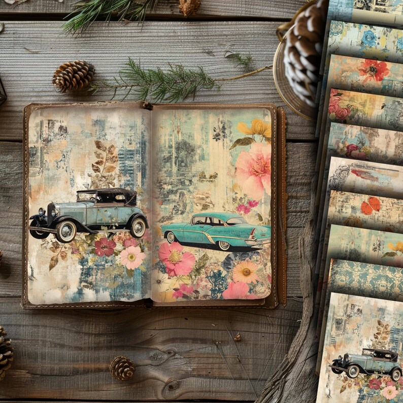 10 Retro Old Car Digital Paper Pack Bundle, Dad Gift, Men Junk Journal ...
