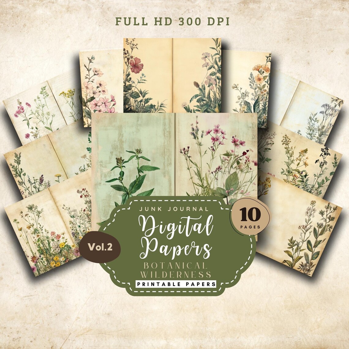 Botanical Plant Printable Paper, Herb Scrapbook Collage Sheets ...