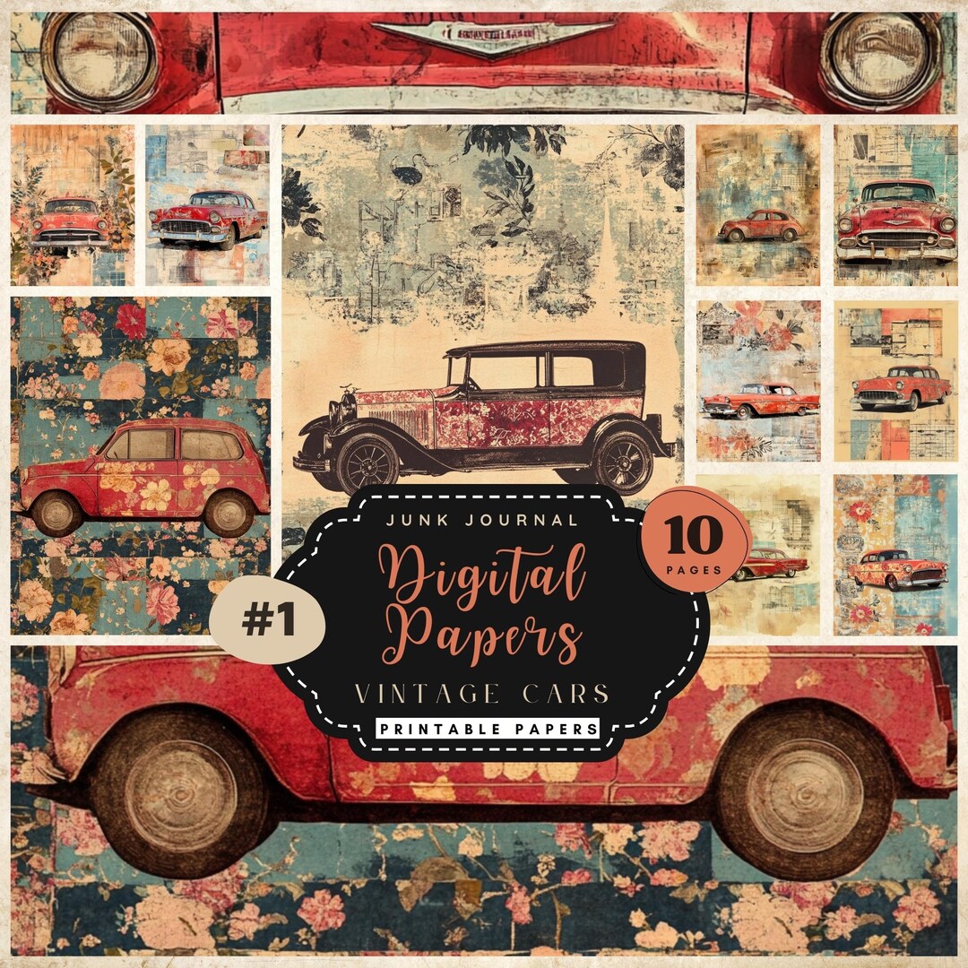 Vintage Retro Classic Cars Red Paper Collage Bundle Digital Pack for ...
