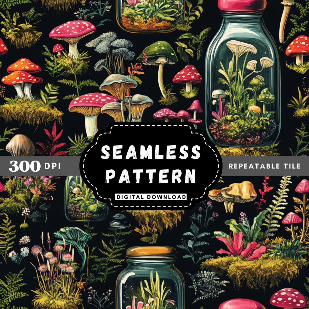 Magical Terrarium Jars Seamless Pattern, Plants Mushrooms Repeat Tile ...