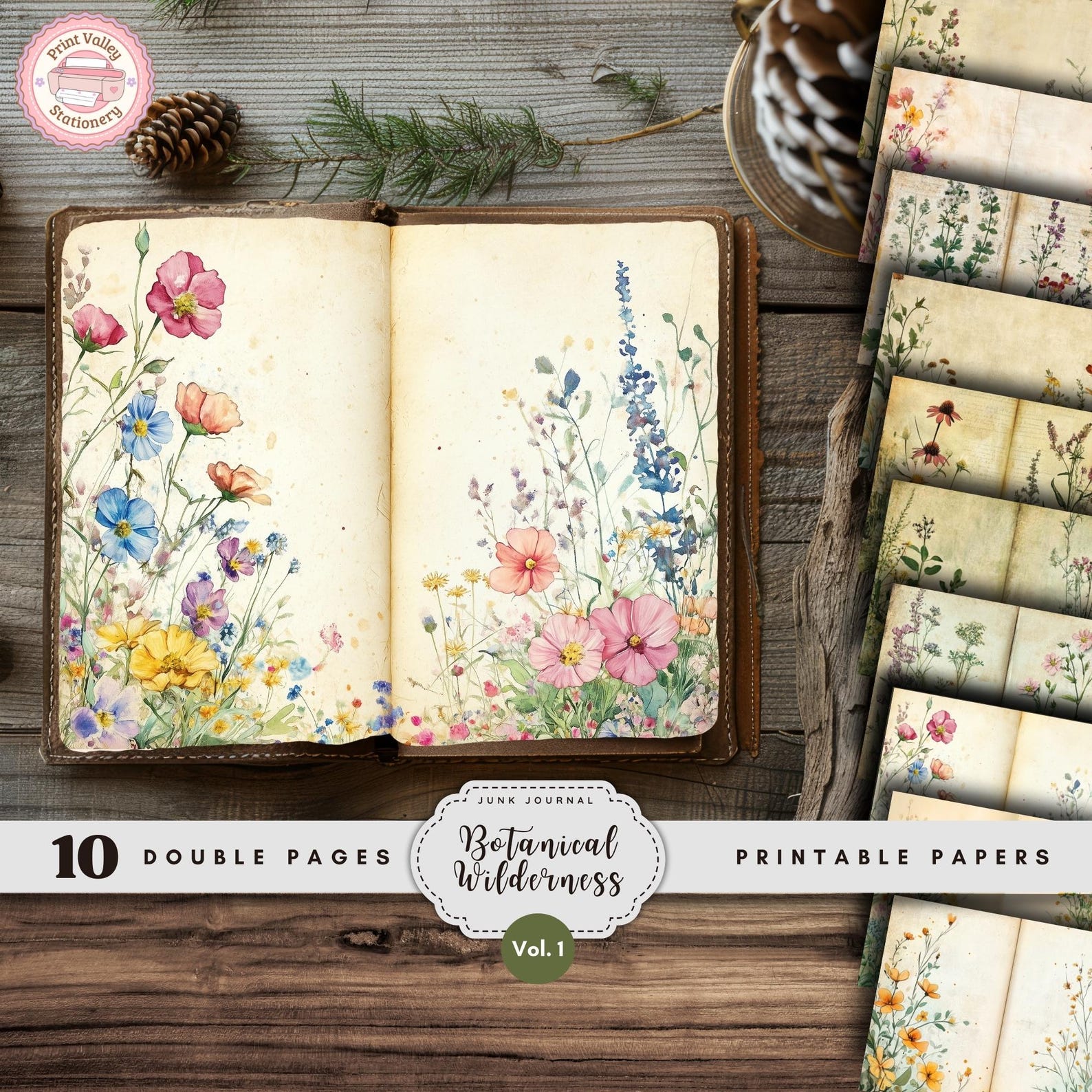 Botanical Wilderness Junk Journal Double Pages, Vintage Printable ...