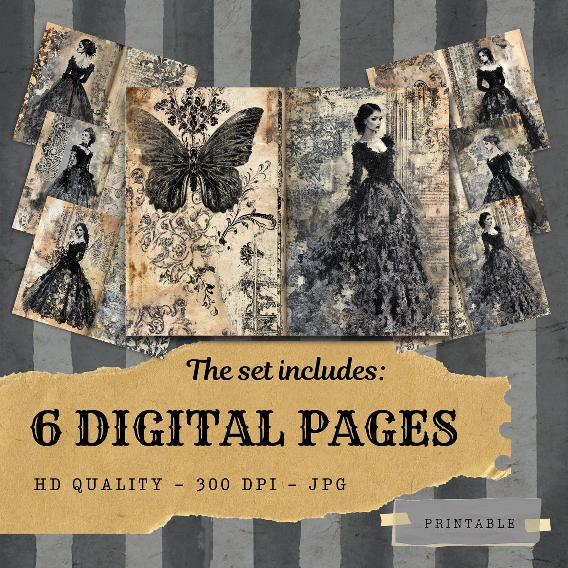 Vintage Black Goth Lady Scrappy Papers, Junk Journal, Gothic, Vintage ...