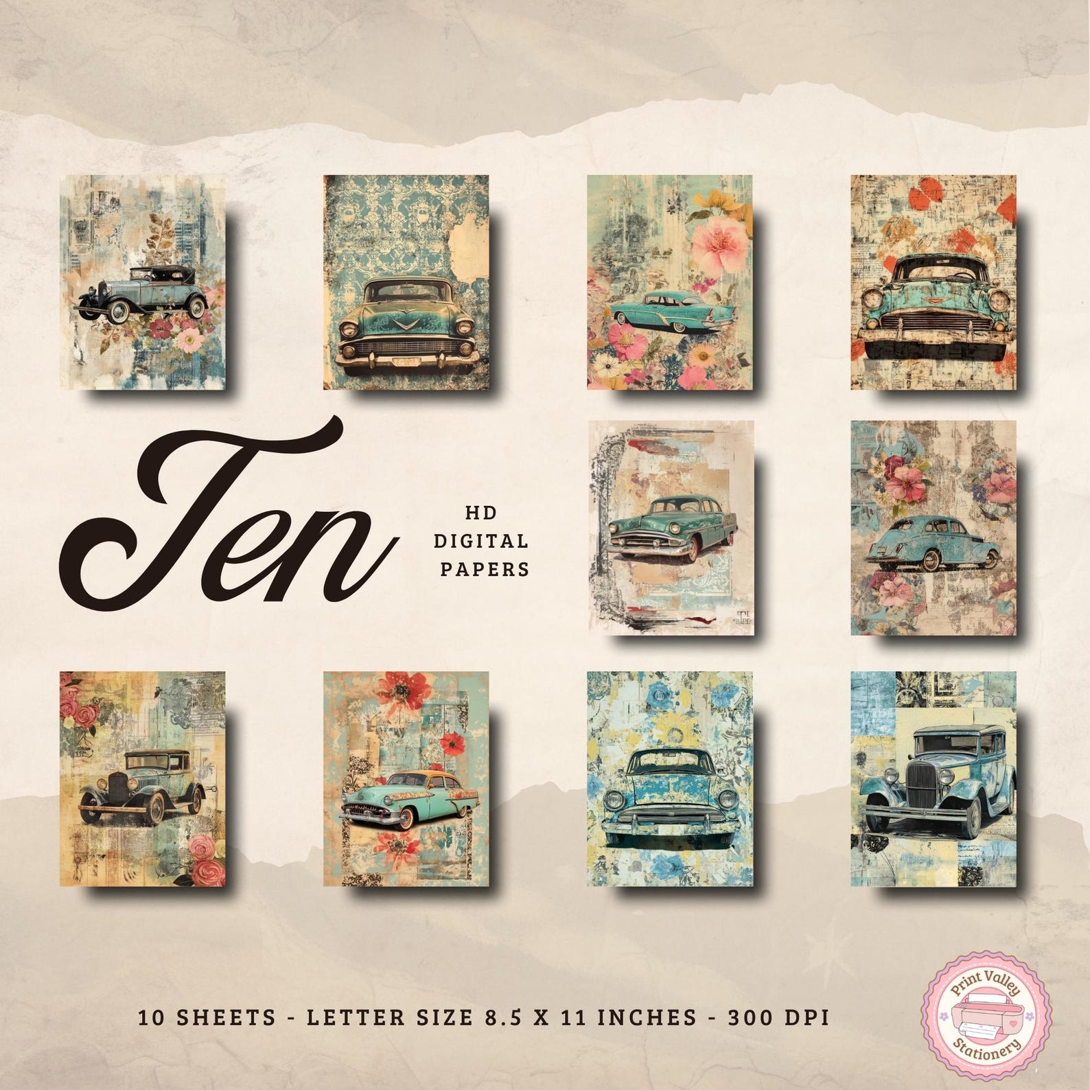 10 Retro Old Car Digital Paper Pack Bundle, Dad Gift, Men Junk Journal ...
