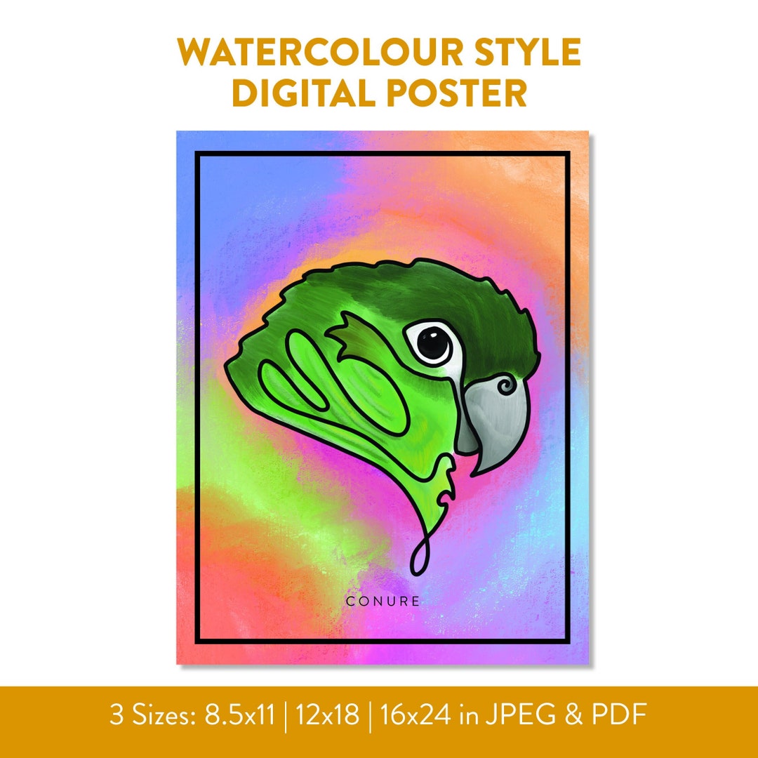 Watercolour Style Conure Digital Poster - Conure Art and Tropical Birds ...