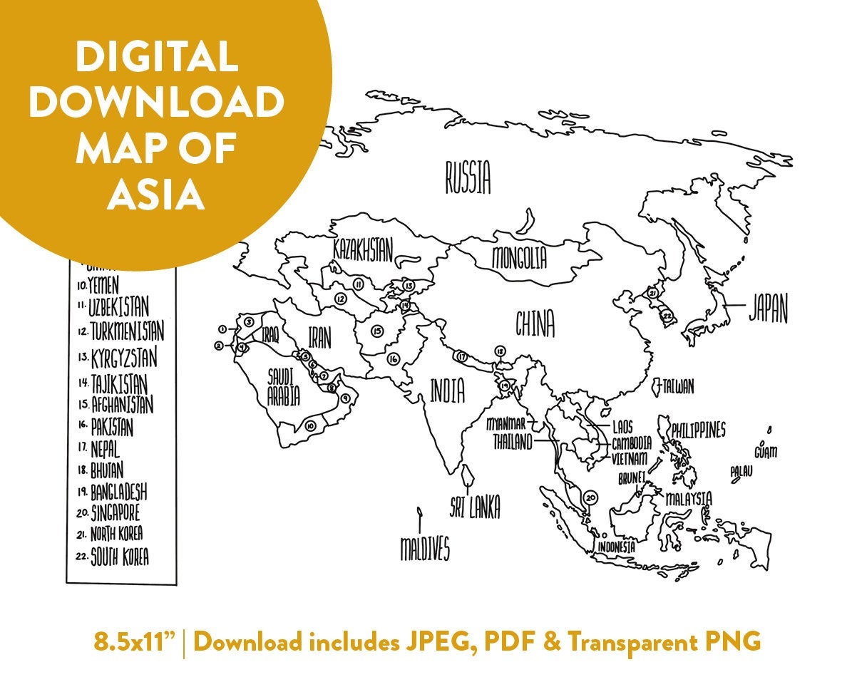 Asia Map - Sales Map - Tracking Map - Learning Map - Digital Download ...