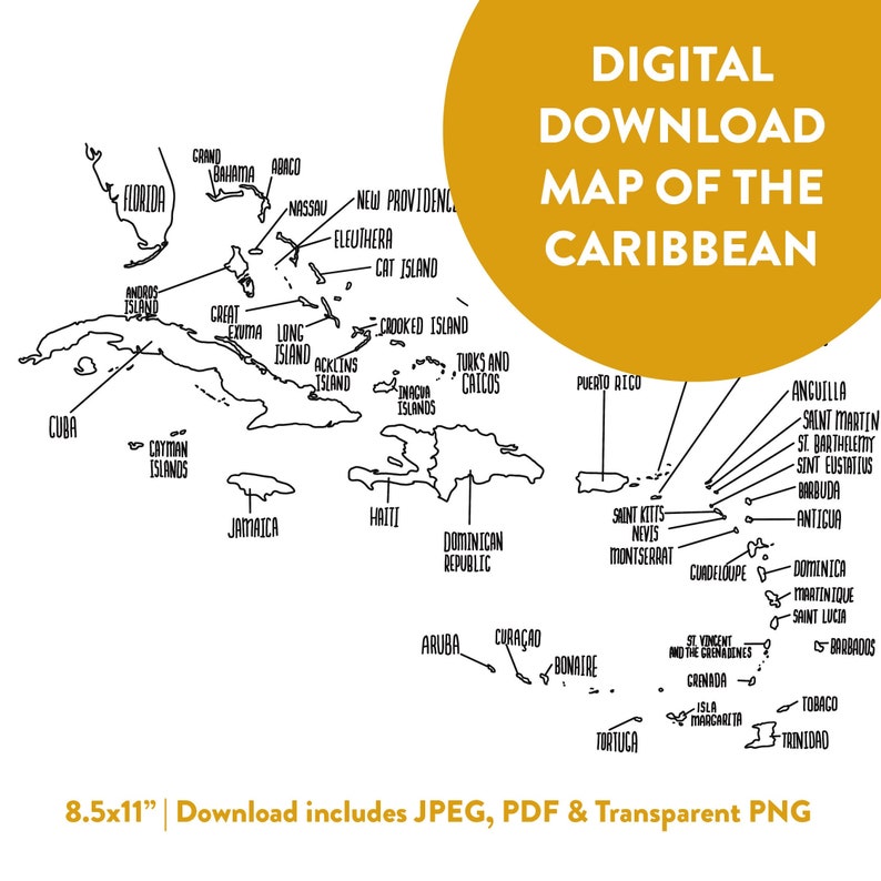 Caribbean Map - Sales Map - Learning Map - Digital Download - Etsy