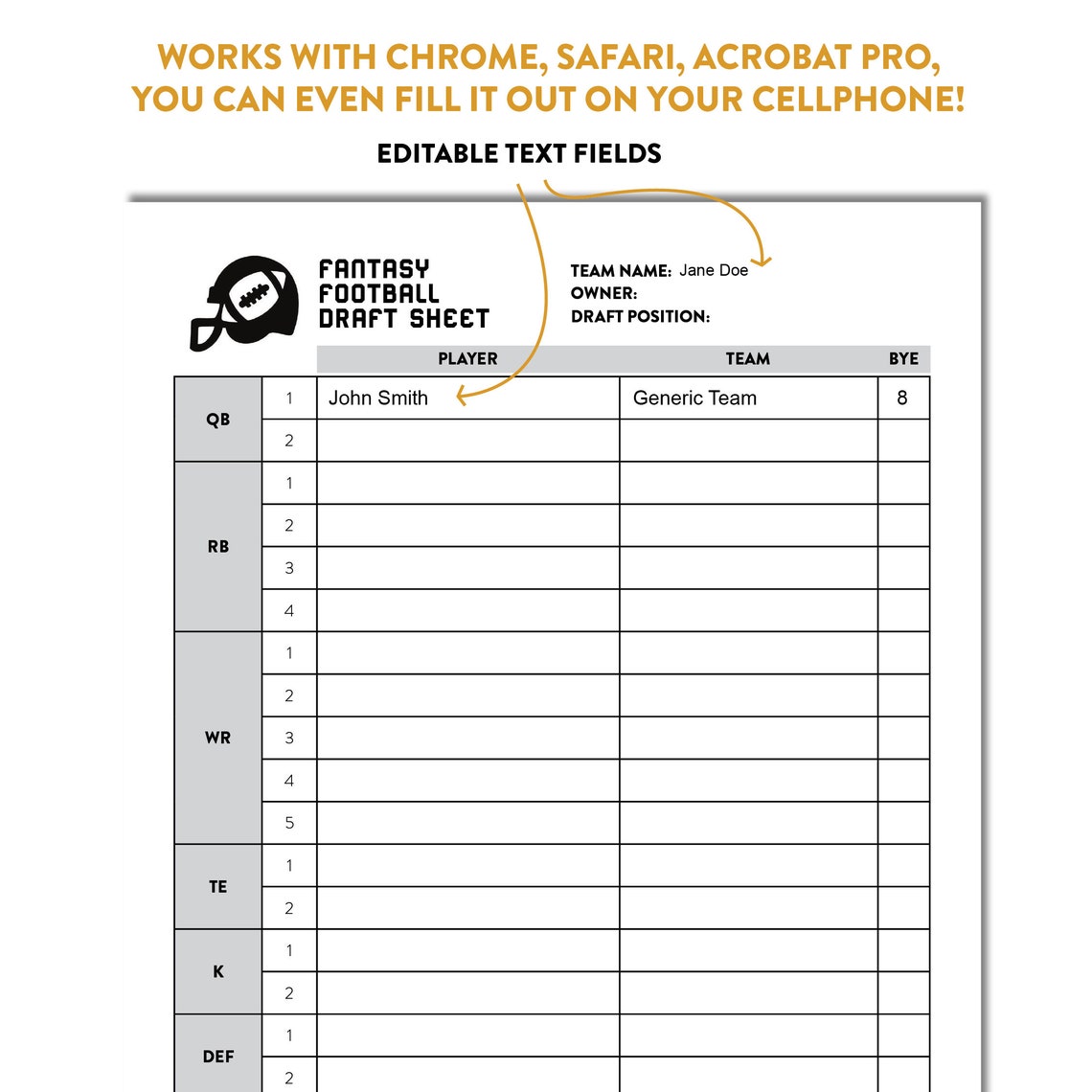 Fantasy Football Interactive Draft Sheet - Tracking Sheet - Team Roster ...