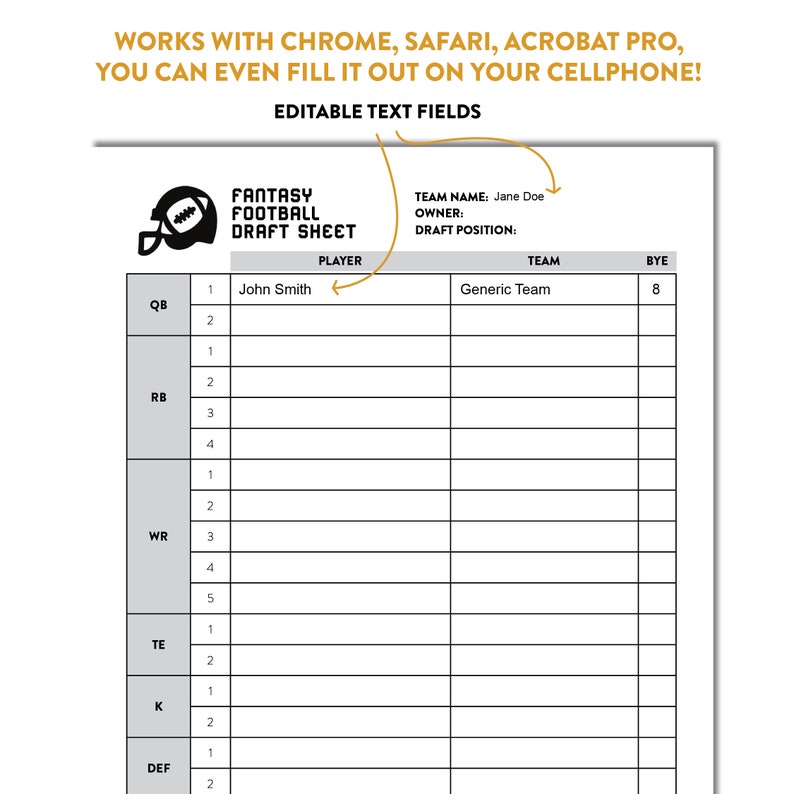 Fantasy Football Interactive Draft Sheet - Tracking Sheet - Team Roster ...