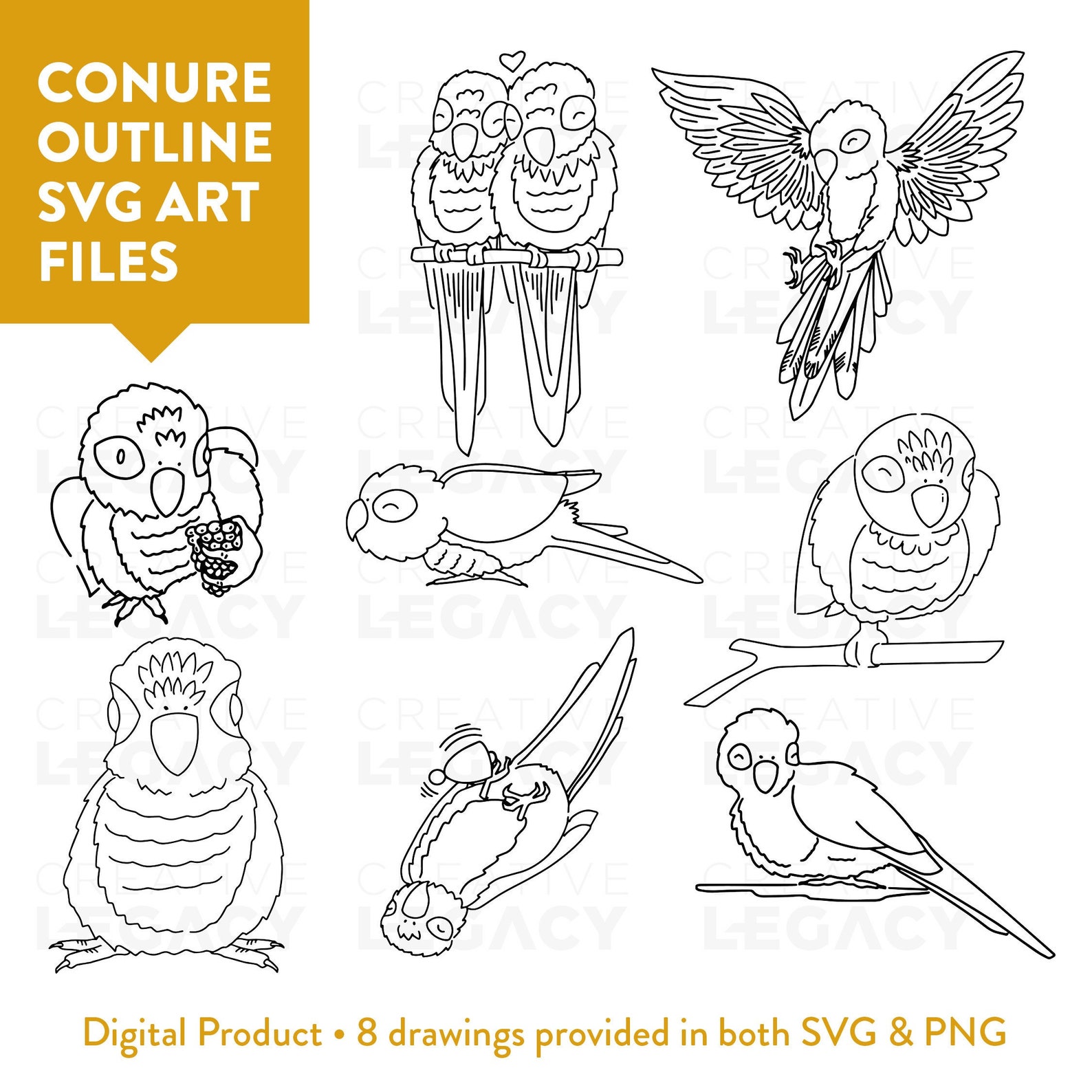 Conure Outlined Digital Art Files - 8 SVG & PNG Bundle - Green Cheek ...