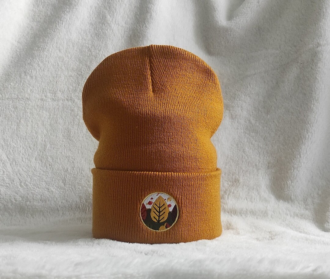 Embroidered Autumn Leaves Beanie, Mustard Color Hat, One Size Unisex ...
