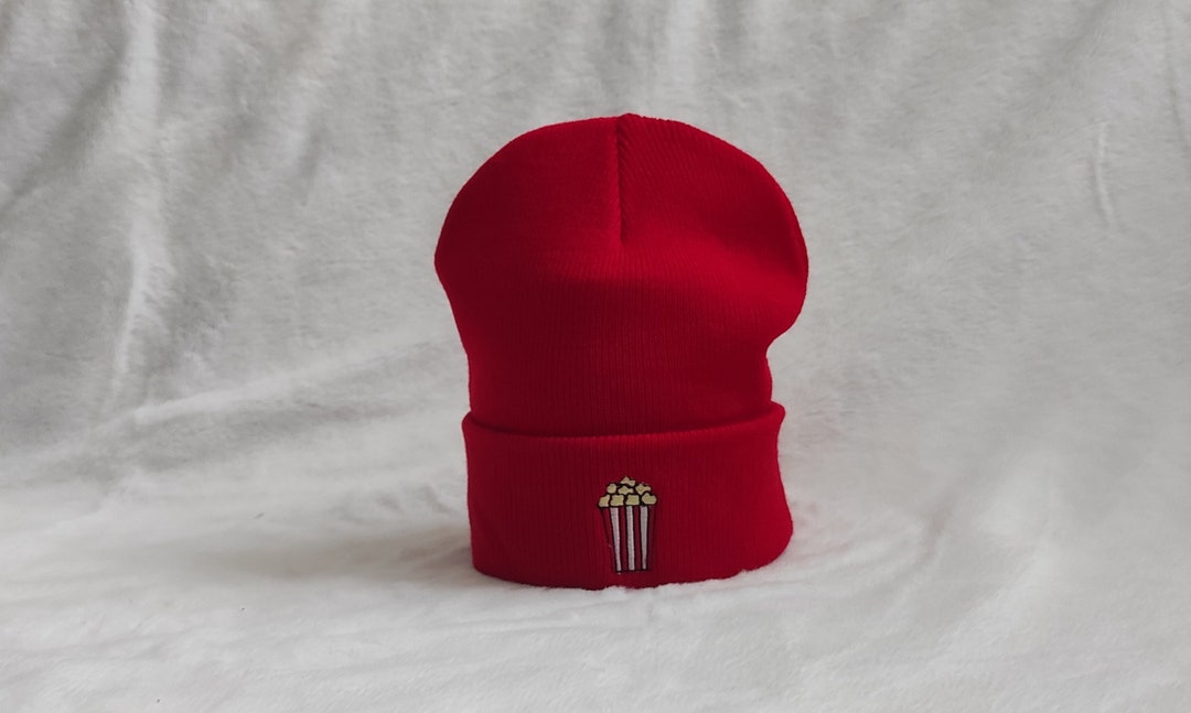 Embroidered Popcorn Beanie Hat, Popcorn Embroidery Design, Dark Red ...