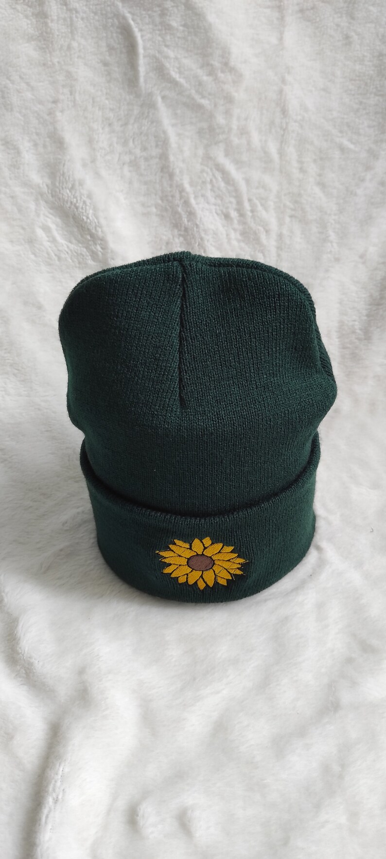 Embroidered Sunflower Beanie Hat, Dark Green Beanie, Spring Beanie, One ...