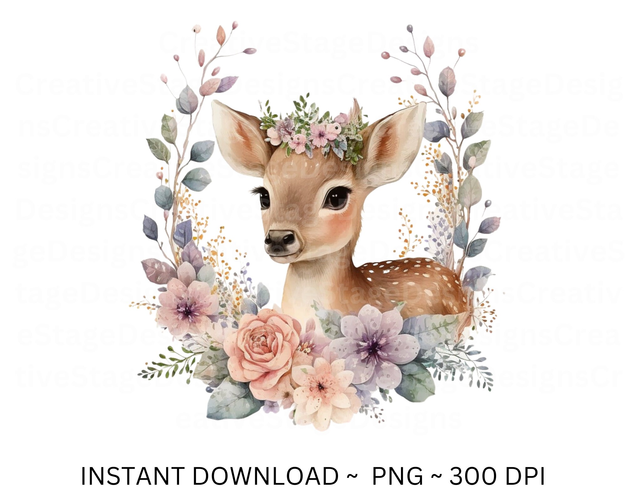 Deer PNG, Deer Clip Art, Deer Flowers Watercolor Sublimation Design ...