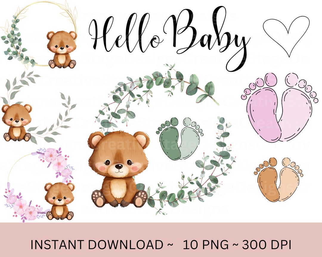 Hello Baby PNG Clip Art Woodland Animals Bear Watercolor Sublimation ...