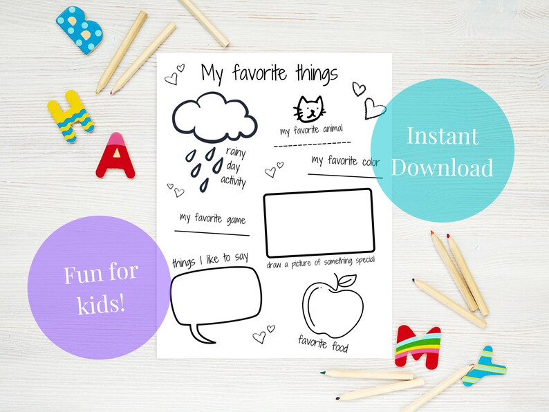 Favorite Things Worksheet, All About Me, Favorite Memory, Kids Coloring ...