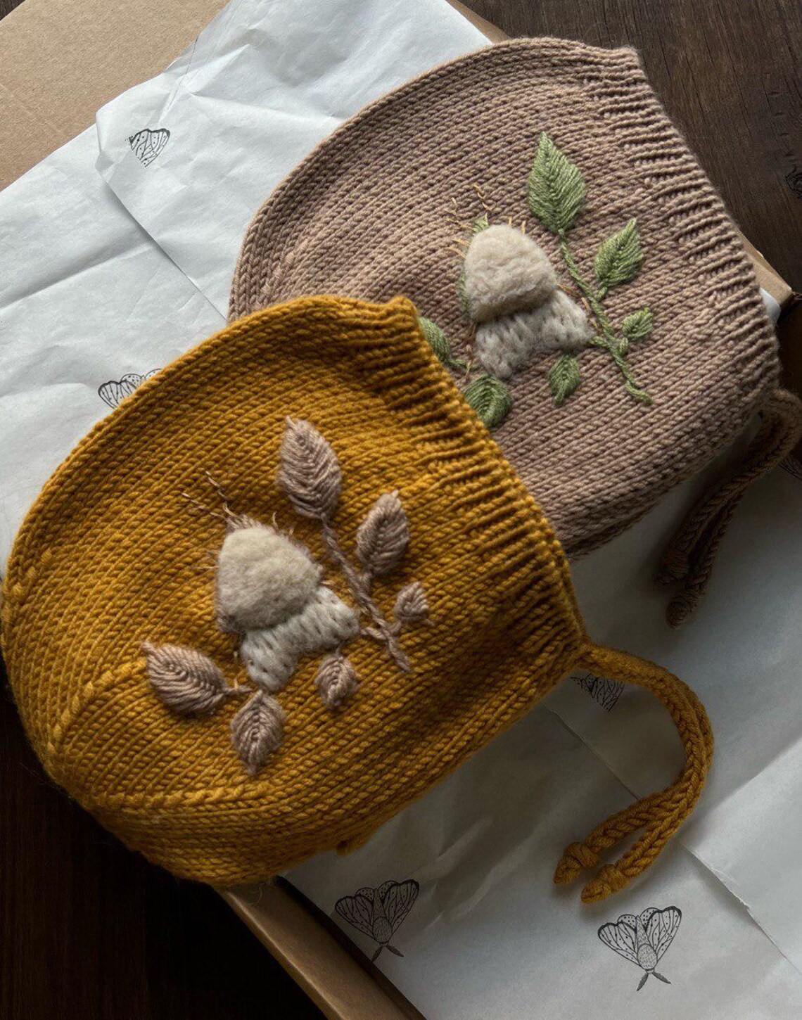 Moths Bonnet Knitting Pattern, Embroidered Baby Hat (PDF Instructions ...