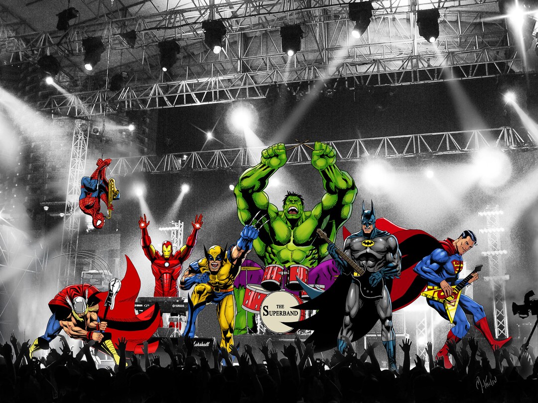 Marvel Superheroes Band TT Iconic Movie Scenes and Music Legends Poster ...