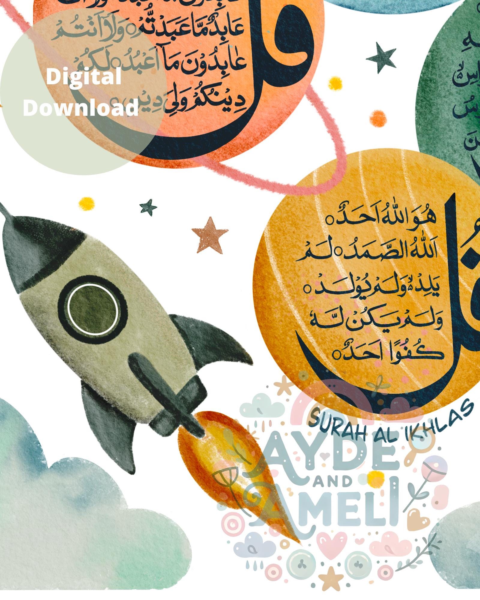 4 Quls Kids Islamic Space Wall Art, Nursery Bedroom Decor (digital ...