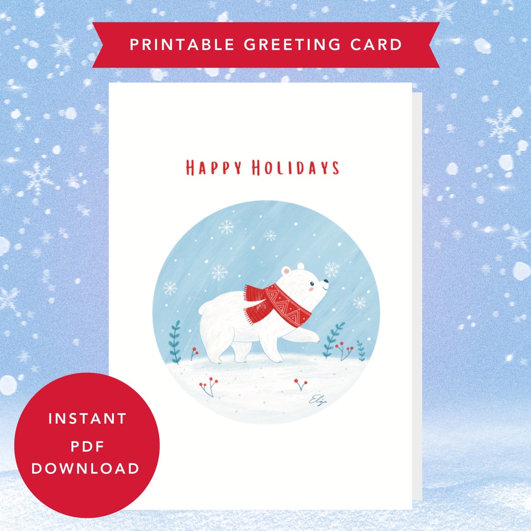 Printable Polar Bear Christmas Card, Cute Polar Bear Holiday Card ...