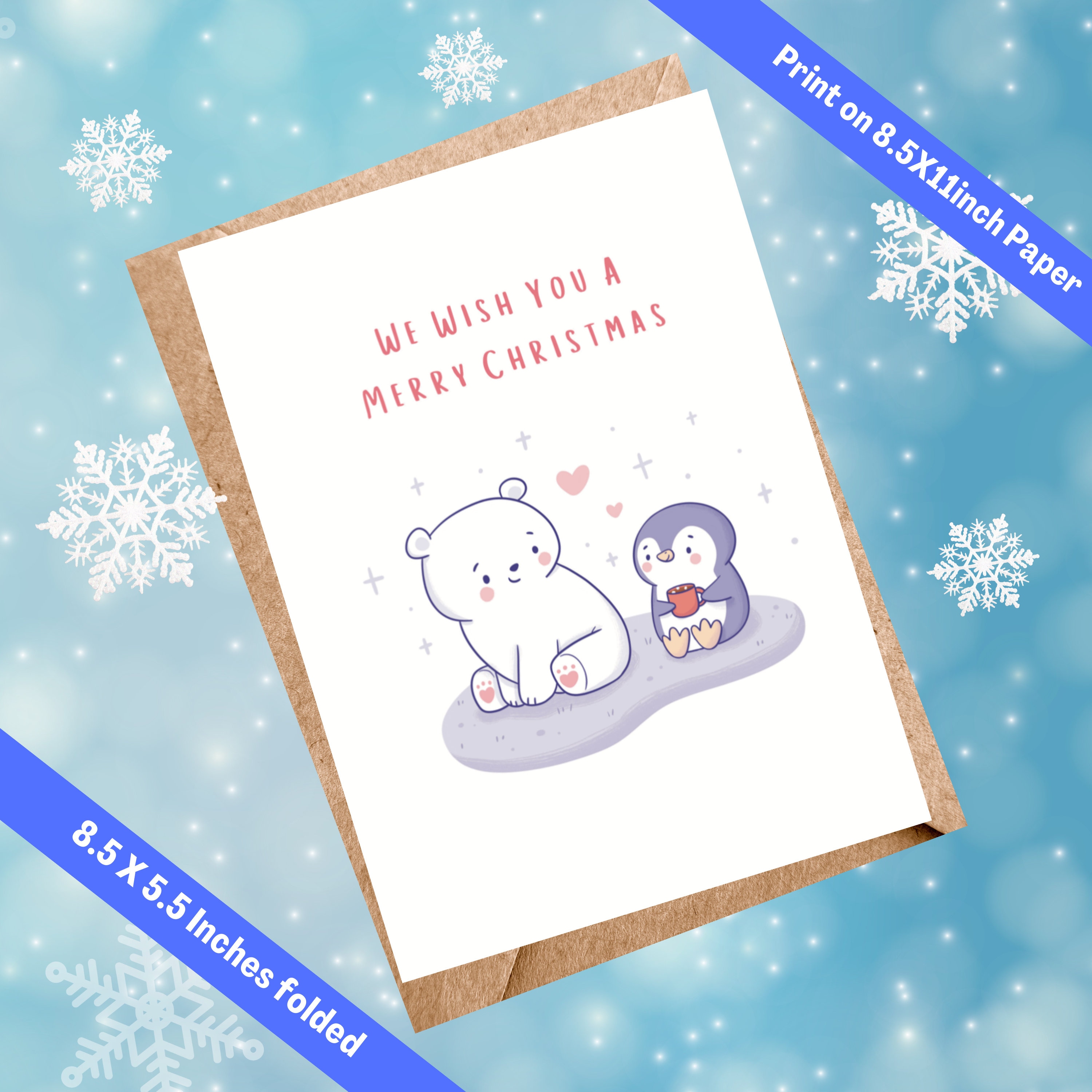 Printable Penguin and Polar Bear Christmas Card, Cue Penguin Card, Cute ...