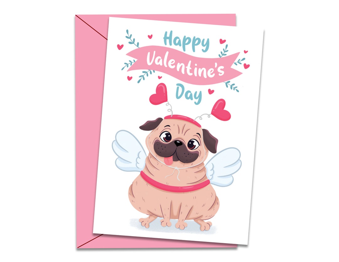 Pug Valentine's Day Card, Kids Printable Valentines Card, Digital ...