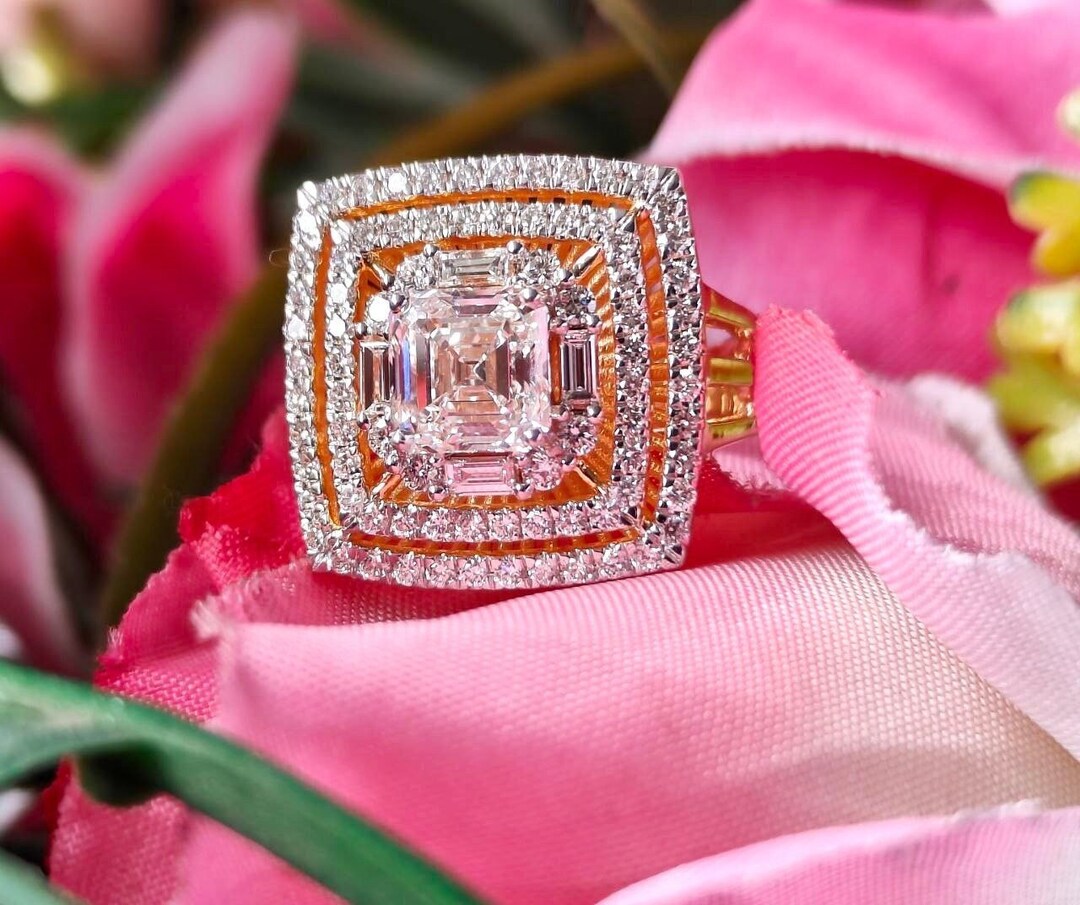 The aanya 3.33tcw. Asscher Cut-lab Grown Diamond Engagement Ring W/baguette Halo in 18k Gold ...