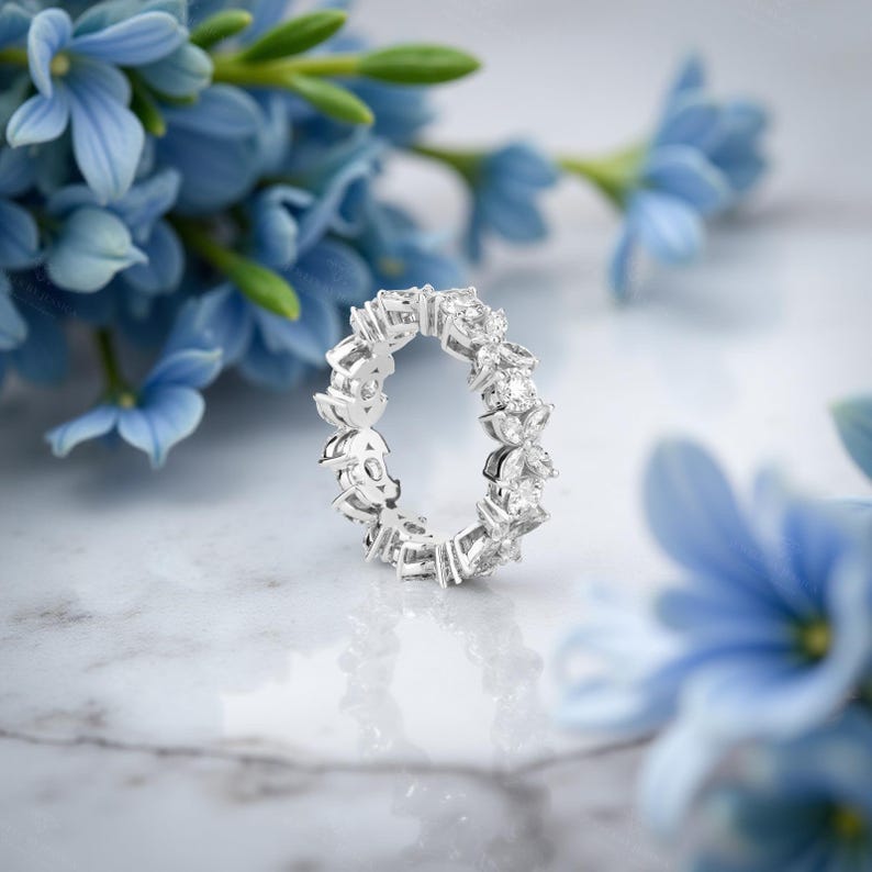 Floral Lab Grown Diamond Eternity Ring Marquise & Round Cut Wedding ...