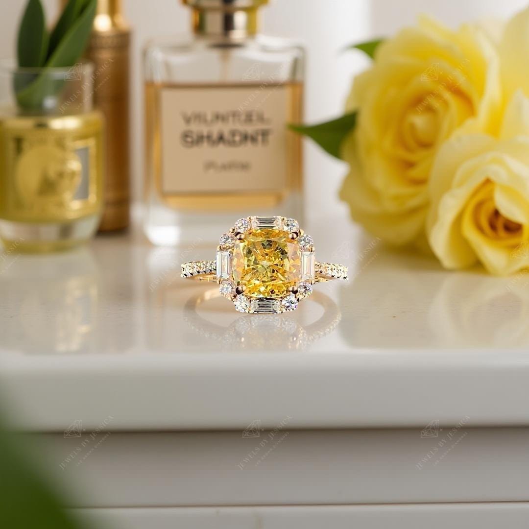 The Solara | 6.70ct Cushion Cut Yellow Sapphire Engagement Ring With Baguette & Round Diamond ...