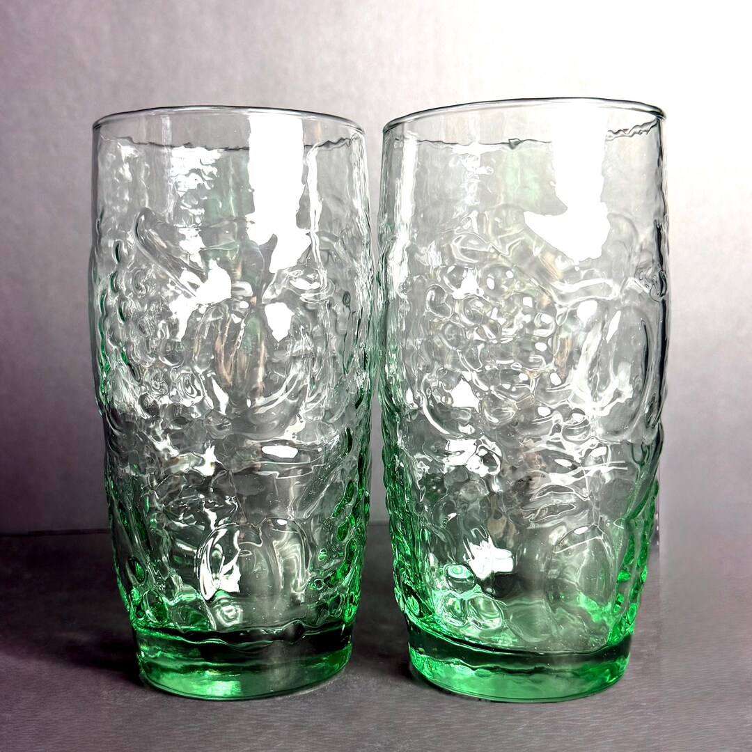 2 Vintage Libbey Spanish Green Glasses W/ Embossed Fruit Pattern 16 Oz ...