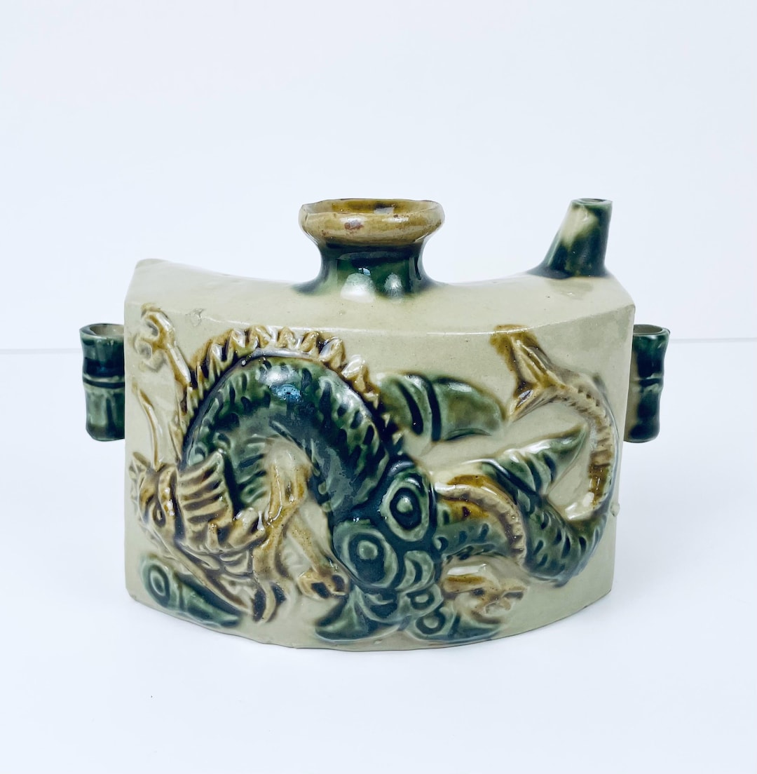 Japanese Hip Flask Okinawan Dachibin Jug Motif Heavy Vintage Dragon ...