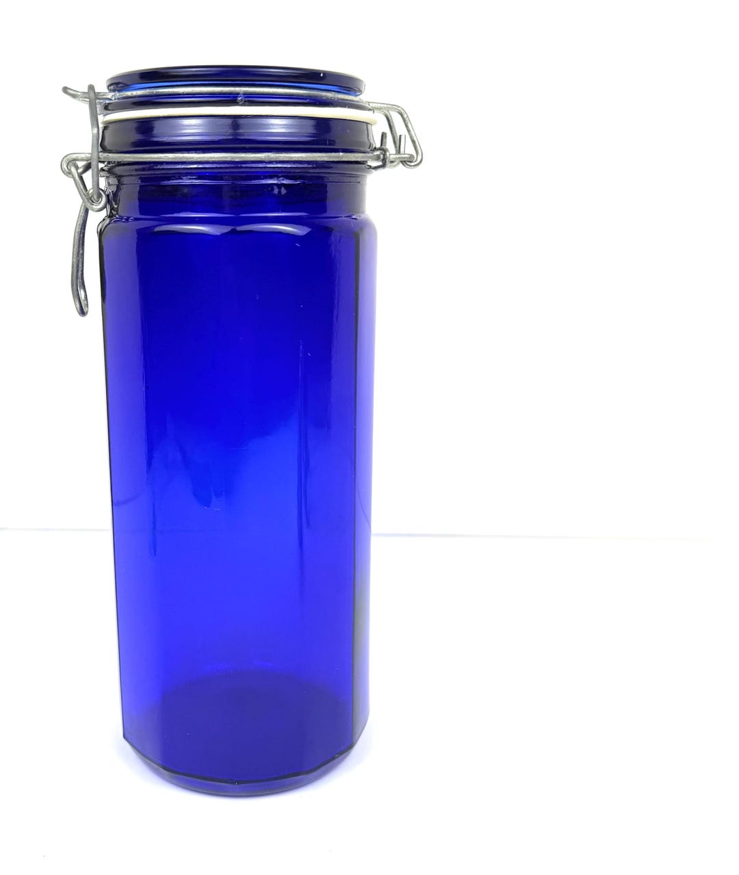 Vintage Cobalt Blue Glass Canister Jars 12 Panel With Wire Bale Lid 10x ...