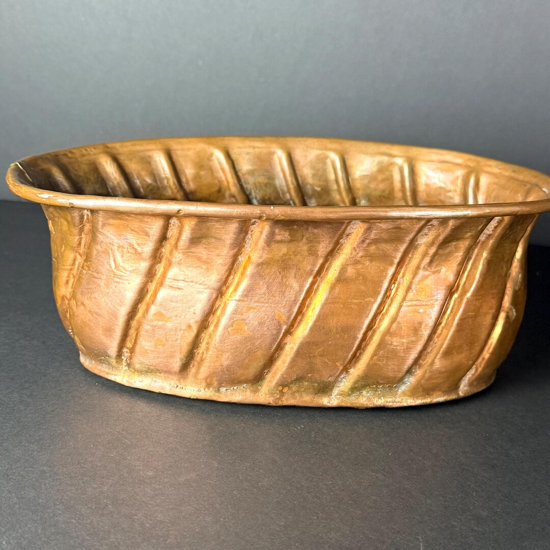 Vintage Turkish Oval Copper Bowl/planter With Hand Crafted Brass Seams ...
