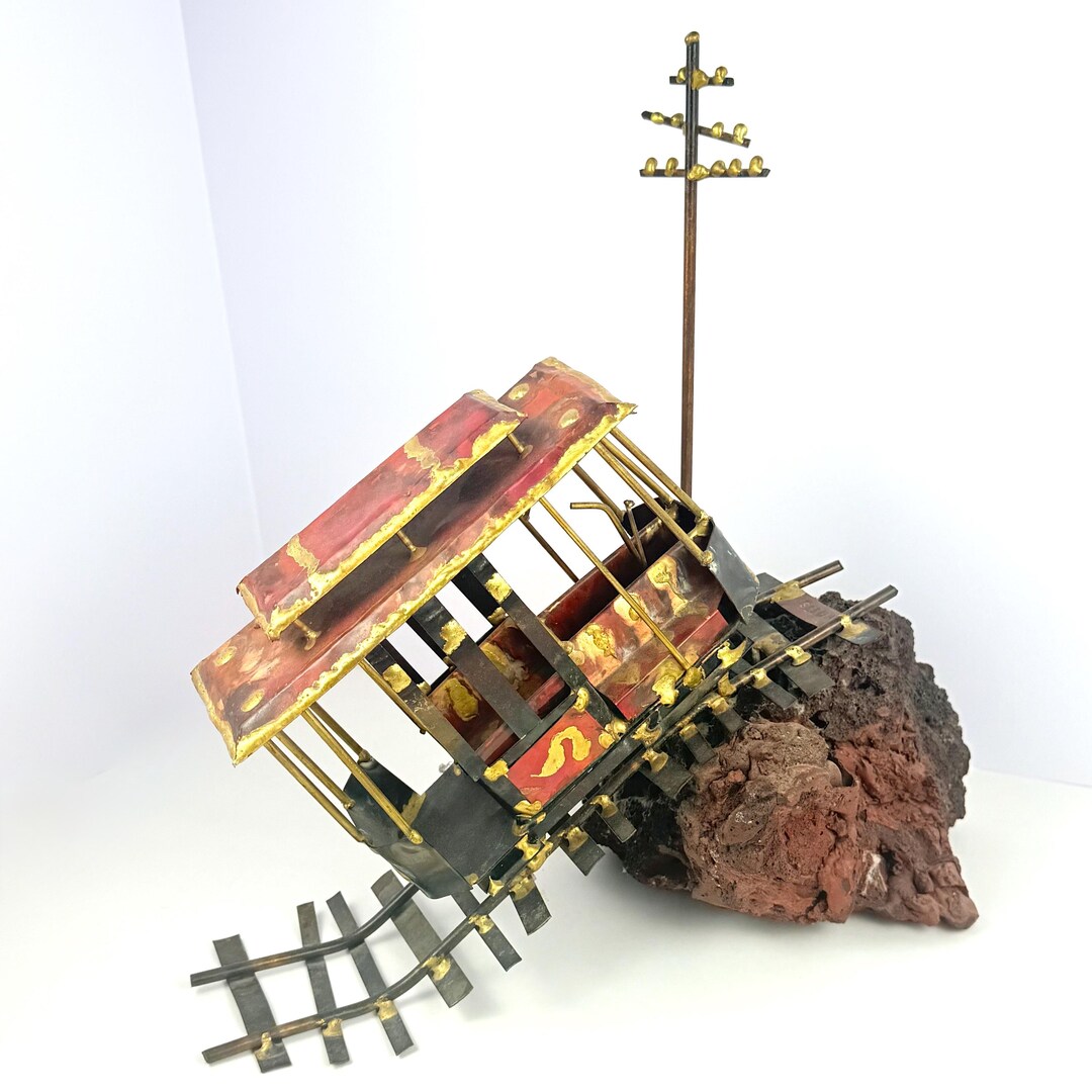 Vintage Copper Trolley Car Sculpture by Watts: Brutalist Lava Rock Art ...