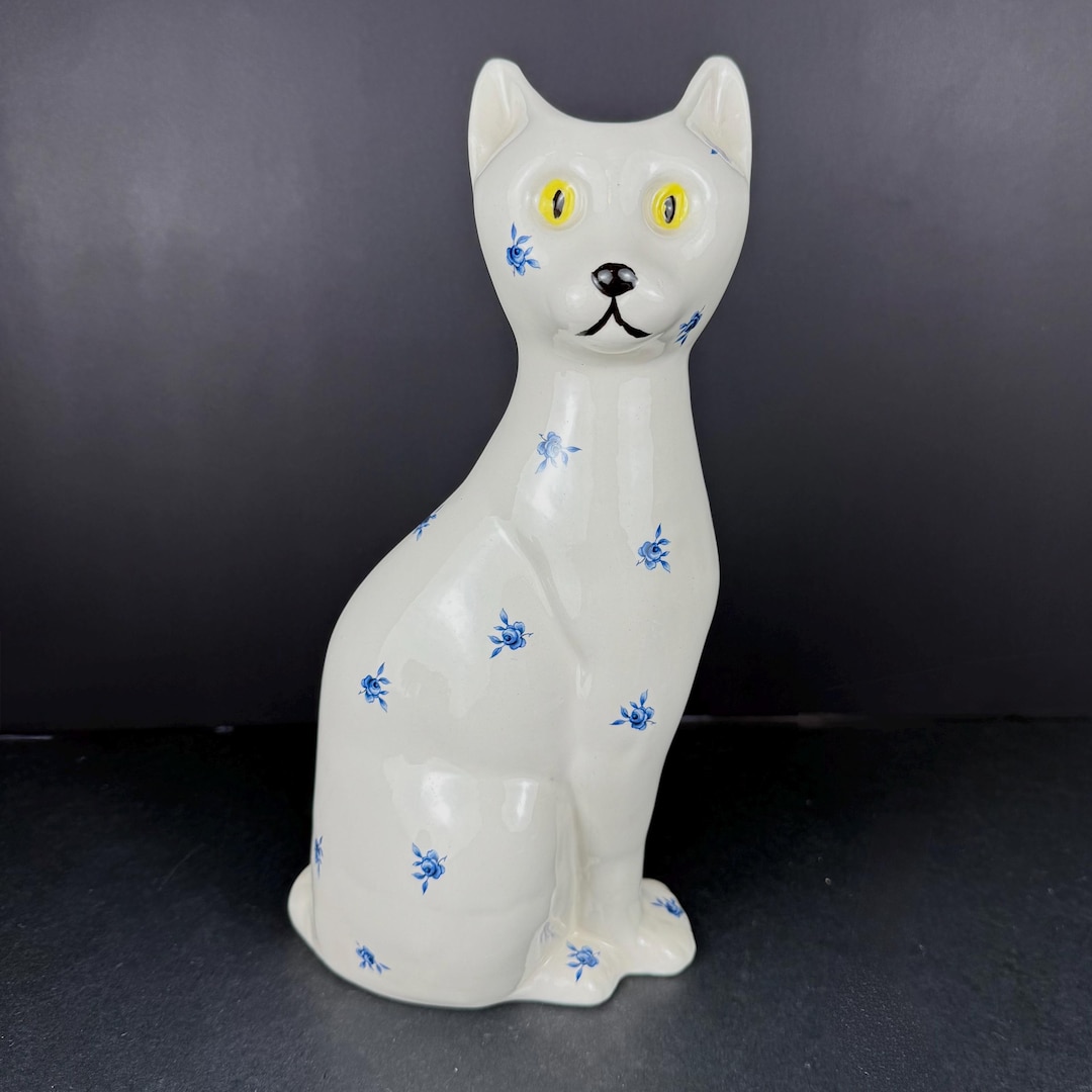 Vintage Polish Pottery Cat Vase: Hand-painted Blue Flowers, MCM Decor ...