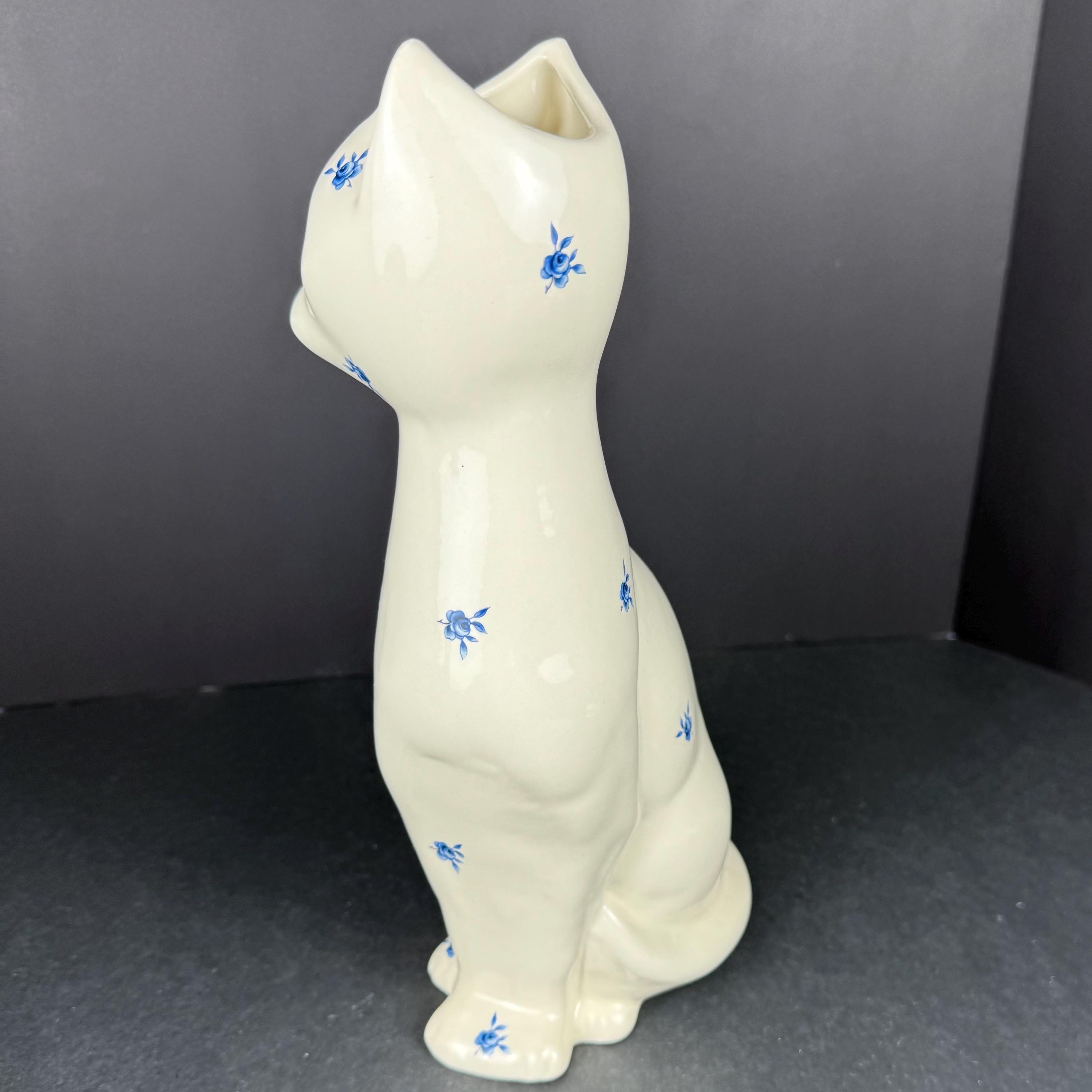 Vintage Polish Pottery Cat Vase: Hand-painted Blue Flowers, MCM Decor ...