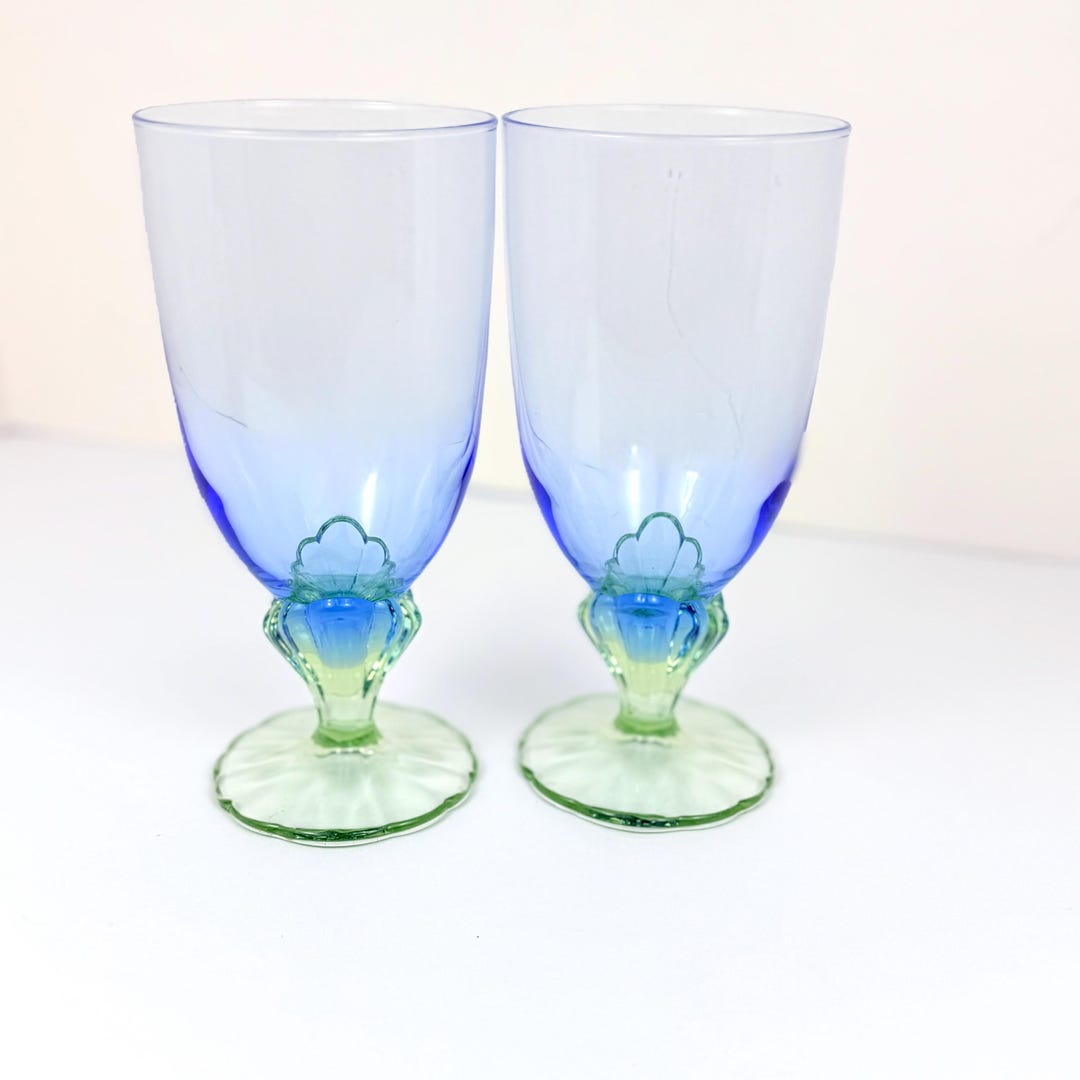 Vintage Bormioli Rocco Bahia Iced Tea Glasses 2 7 3/8 Footed Blue Green ...