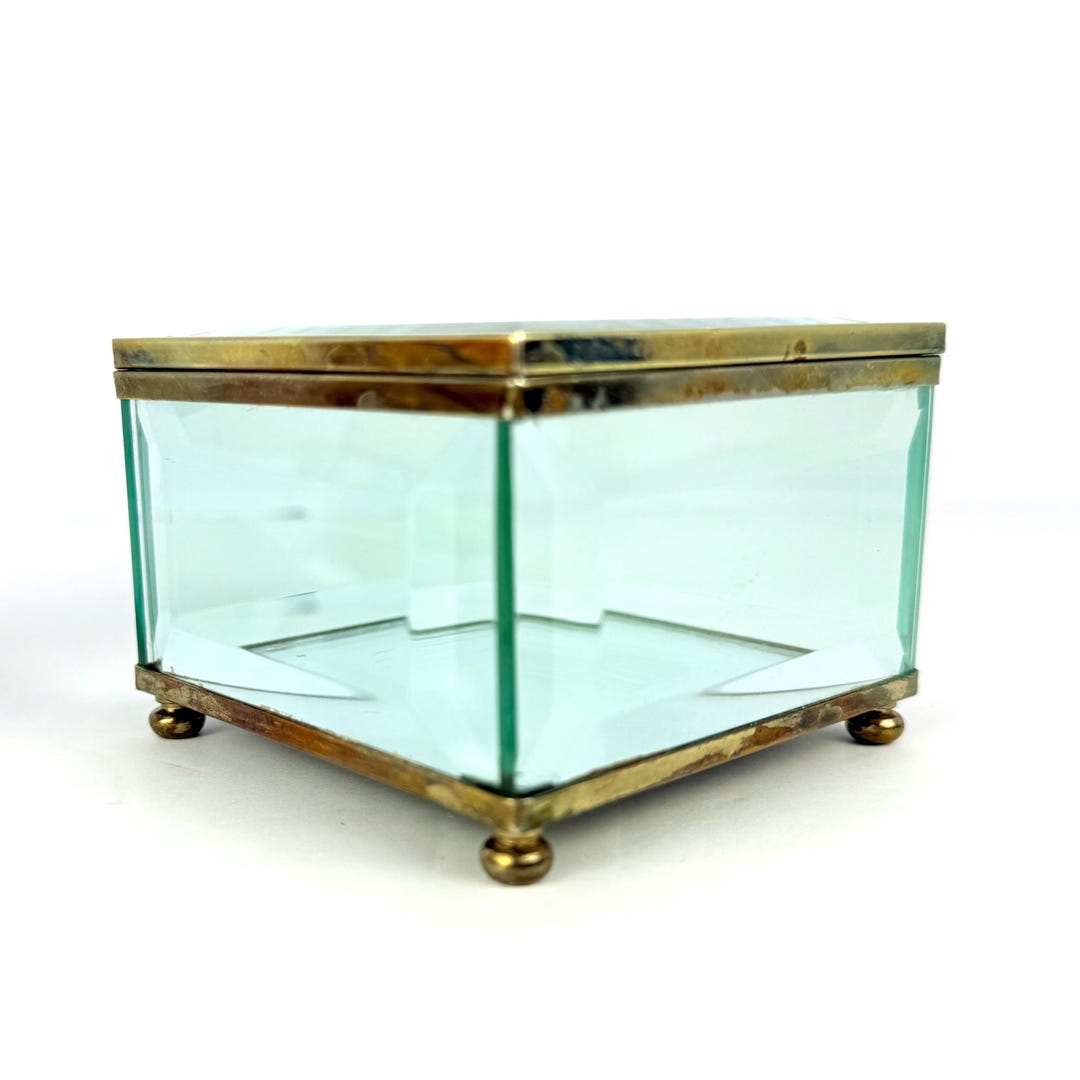 Vintage Hand Crafted Bevelled Glass and Brass Trinket Jewelry Box With ...