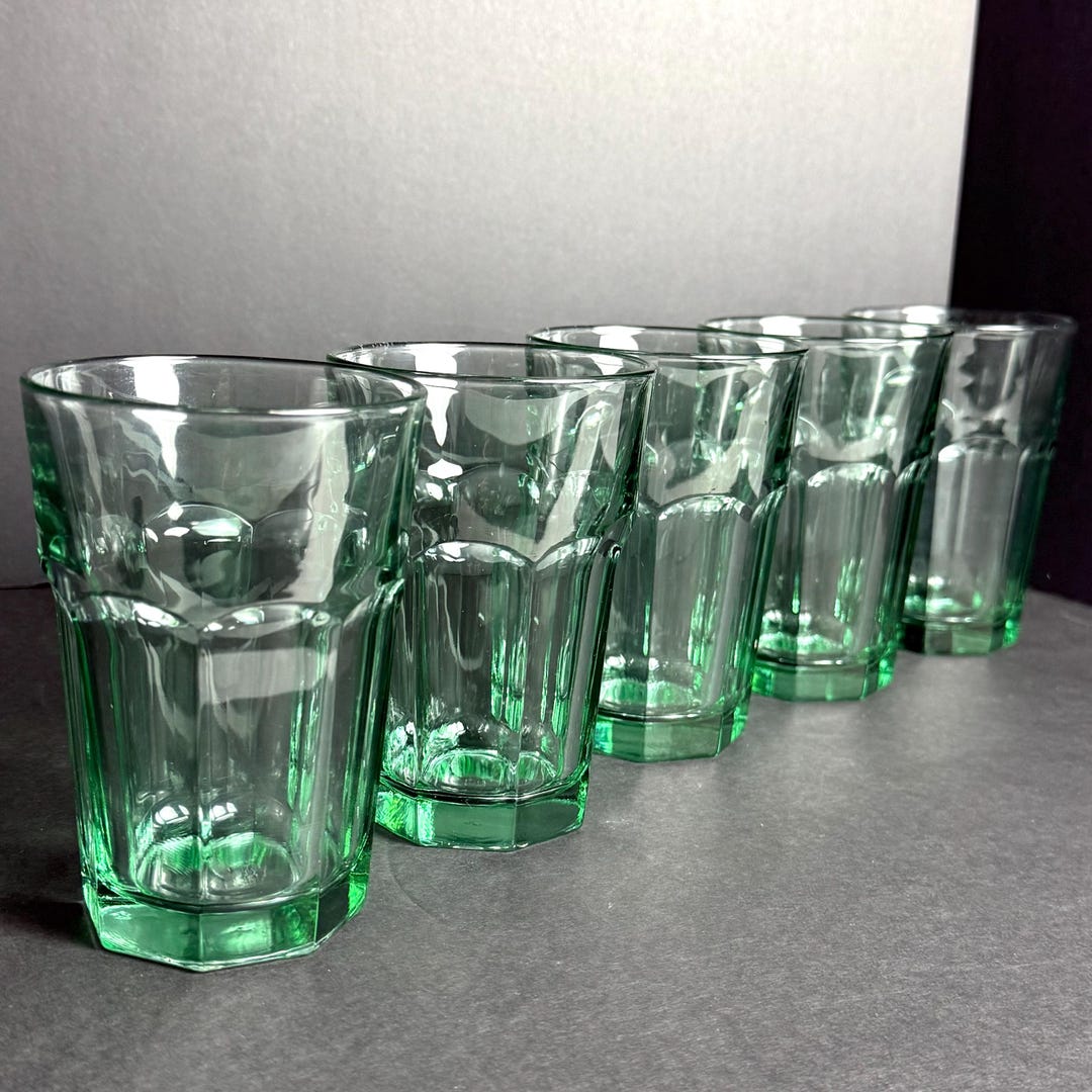 Vintage Set 4 Libbey Gibraltar Spanish Green 8 Panel Tumblers Glasses 5 ...