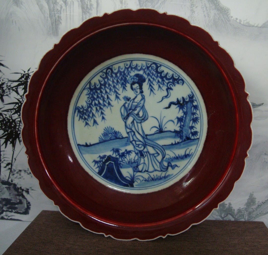 Antique Chinese Hand Painting Woman Blue White Red Glaze Porcelain ...