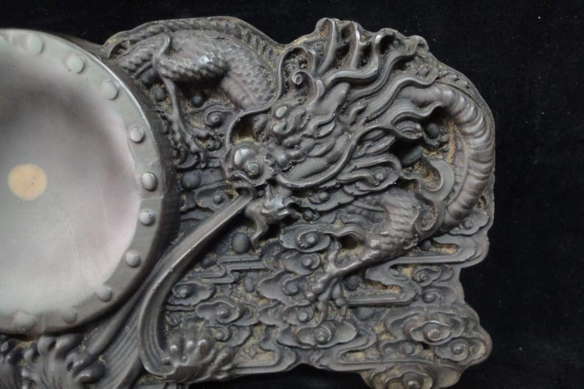 Old Chinese Inkstone Hand Carving Dragon Ink Stone Ink Slab Mark W/ Ink ...