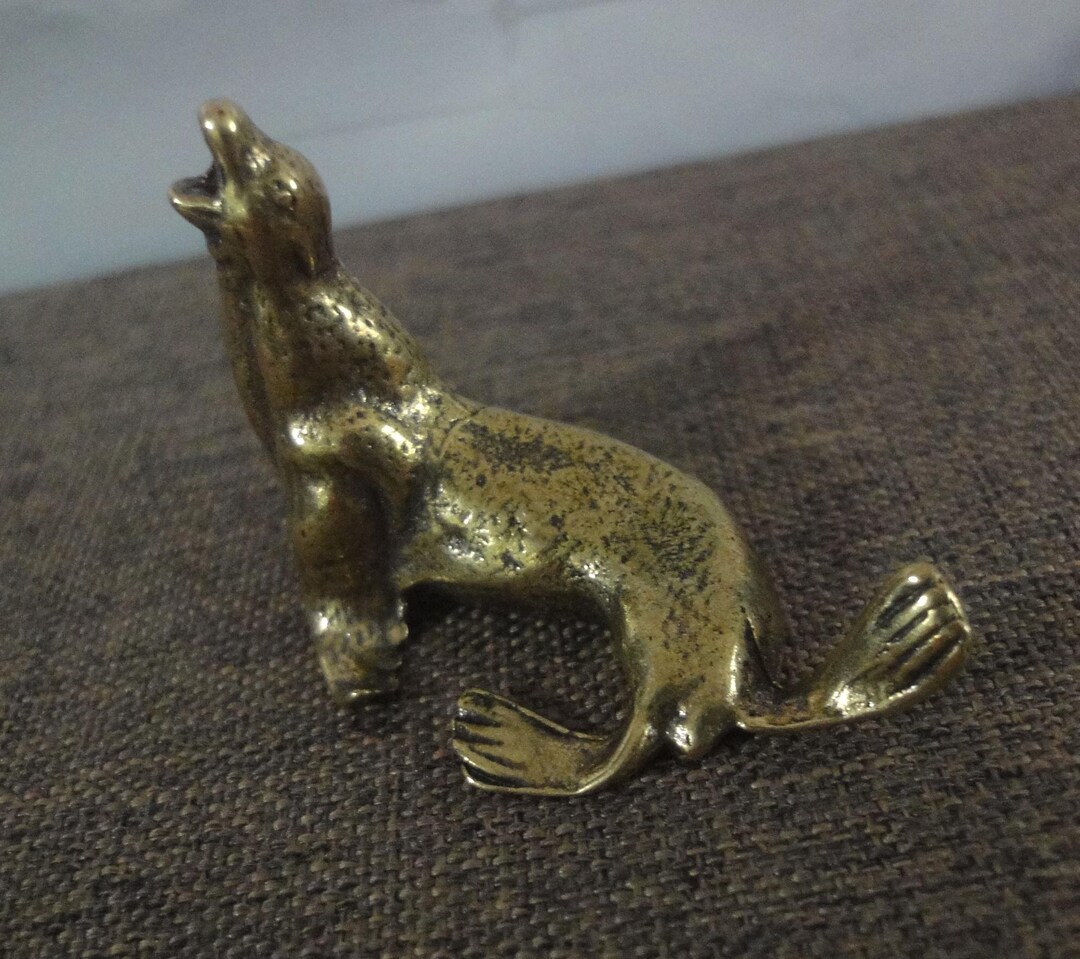 Retro Solid Brass Sea Lion Figurine Sculpture Home Statue Ornament With ...