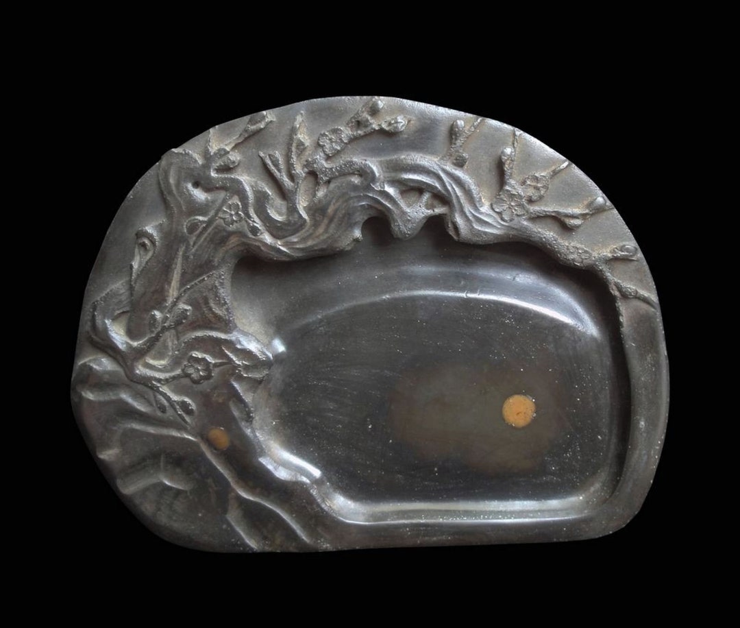 Chinese Old Ink Stone Hand Carved Tree With Flowers Inkstone Mark W ...
