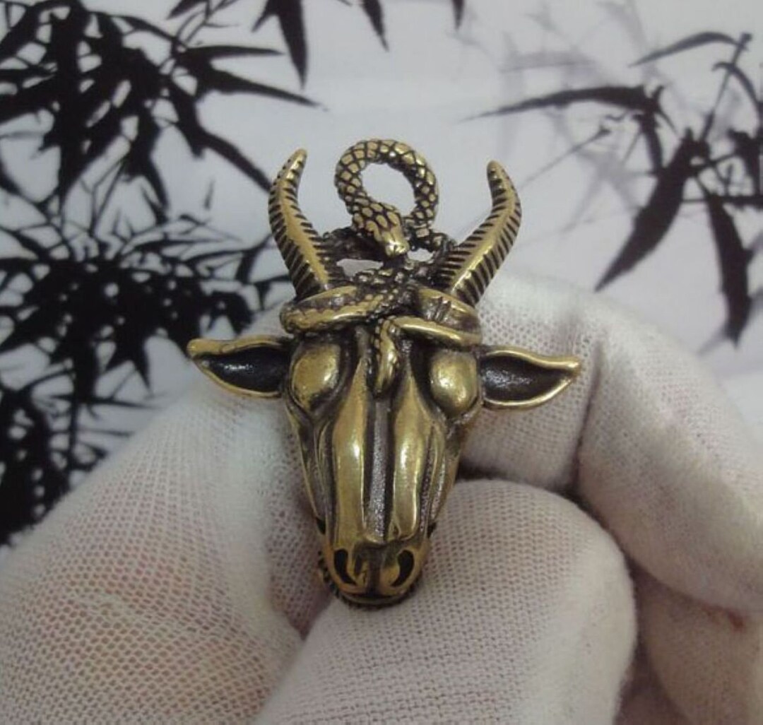 Retro Pure Brass Snake and Goat Head Statue Pendant - Etsy
