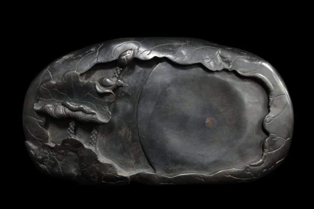 Large Chinese Old Hand Carving Lotus and Bird Ink Stone Inkstone With ...