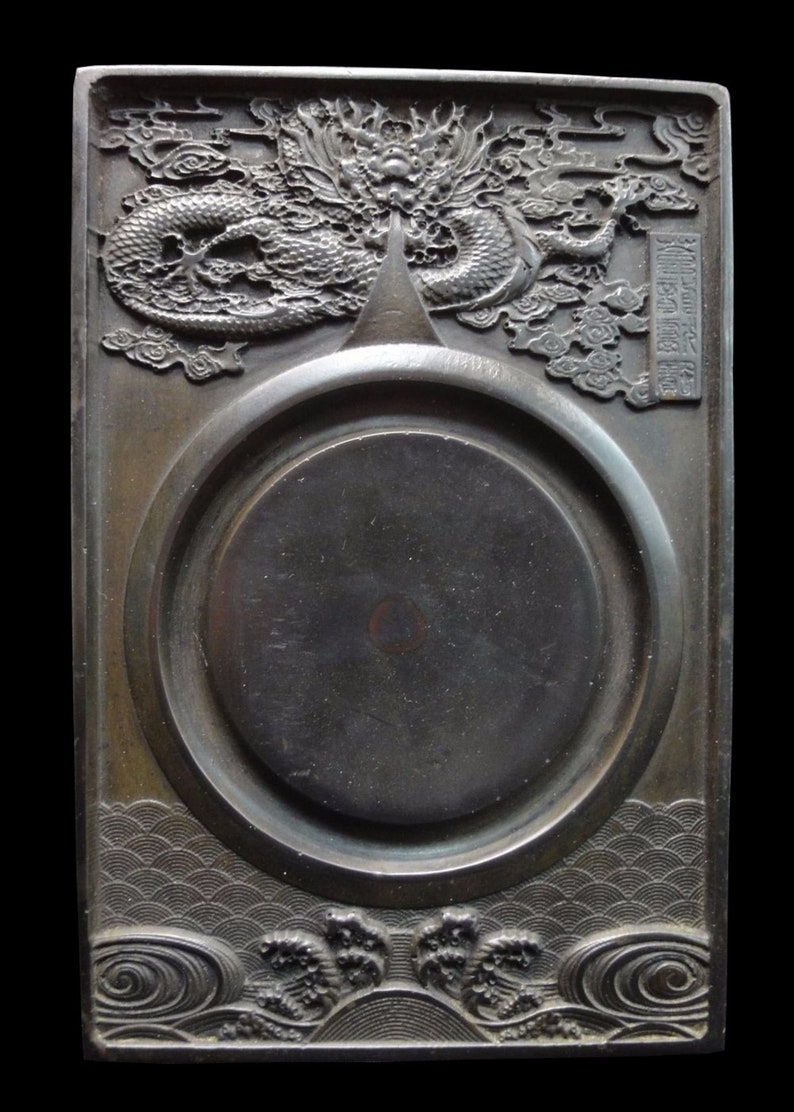 Fine Old Chinese Hand Carving Dragon Rectangle Ink Stone With Ink Stick ...