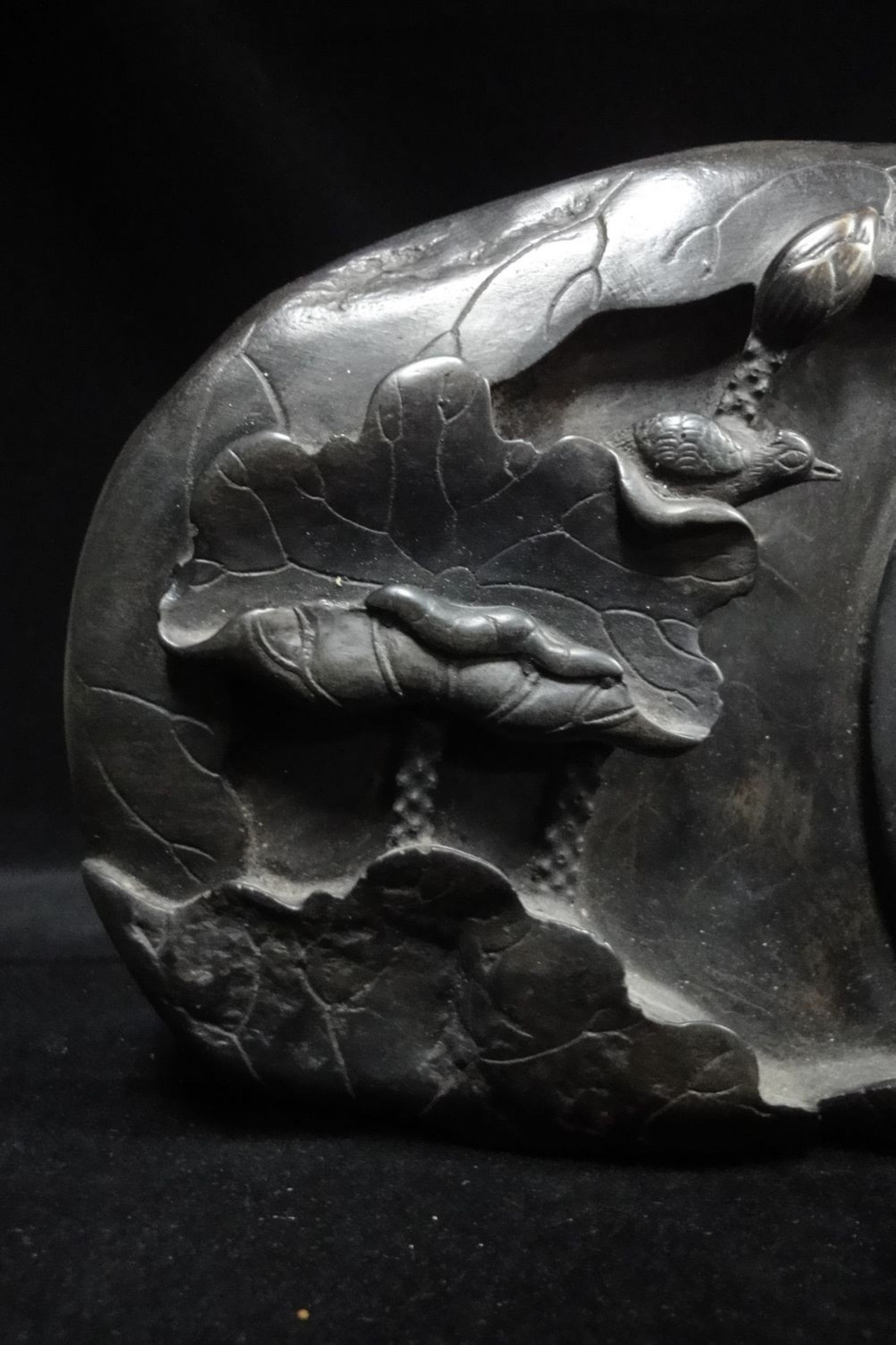 Large Chinese Old Hand Carving Lotus and Bird Ink Stone Inkstone With ...